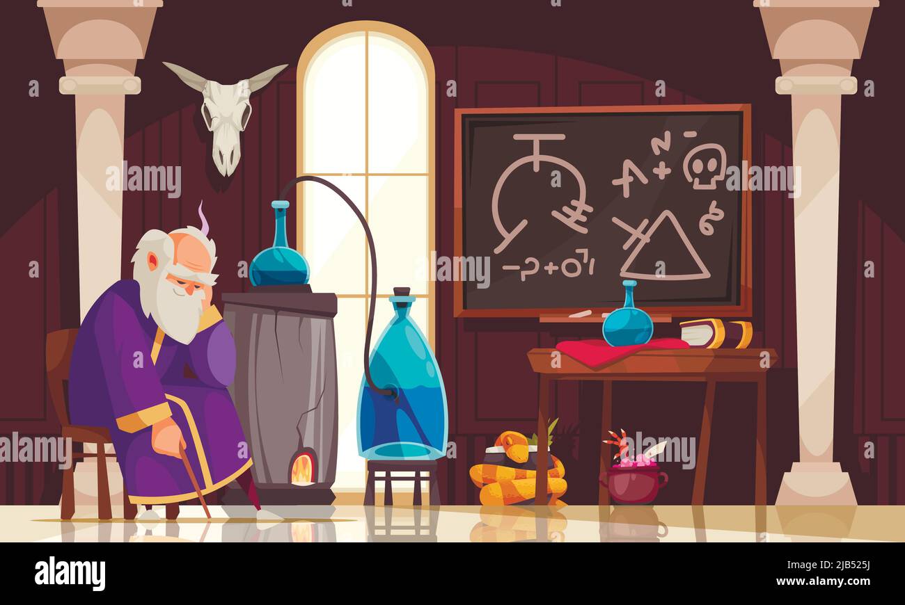 Ancien alchimiste assis dans son laboratoire avec des flacons serpent ...