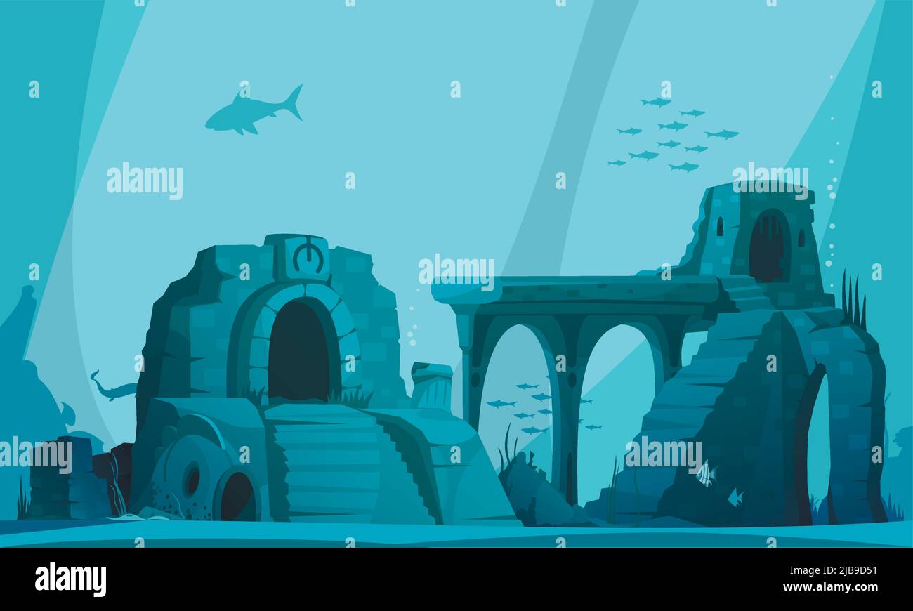 Paysage sous-marin avec des ruines anciennes de l'atlantide inondée ...