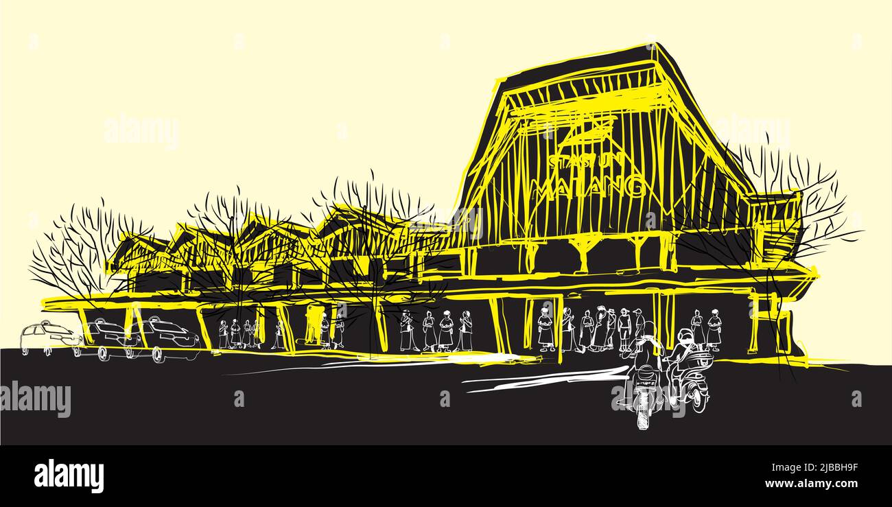 Dessin à main levée de la gare de Malang, East Java, Indonésie ...