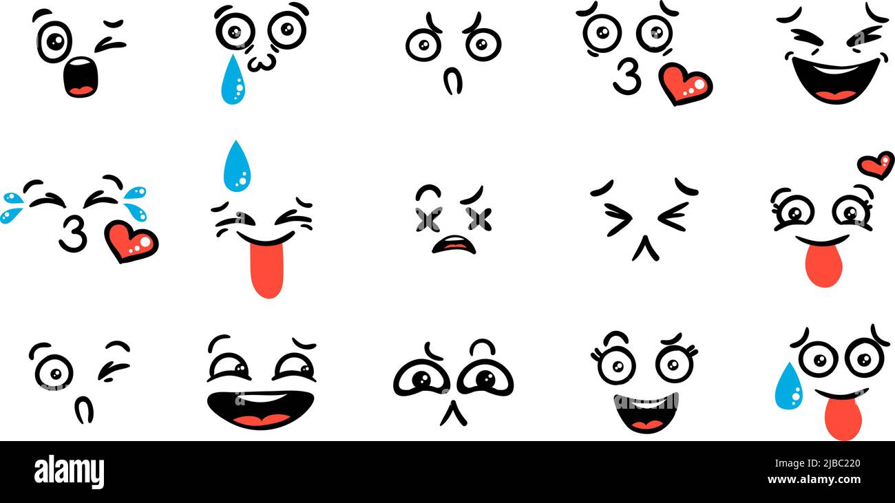 Différents jeux d'émoticônes de dessin animé. Doodle visages, yeux et ...