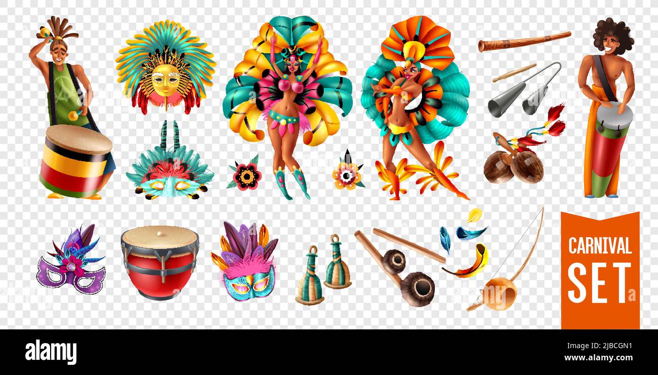 Brésil participants au carnaval instruments de musique masques icônes ...