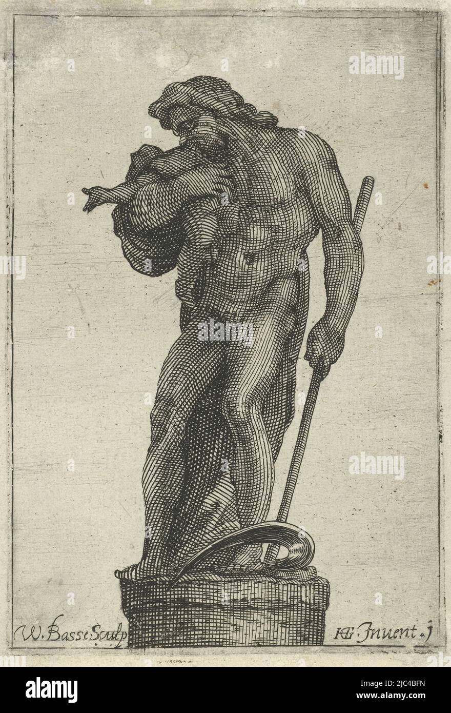 Le dieu Saturne se tient sur un piédestal avec un scythe dans sa main ...