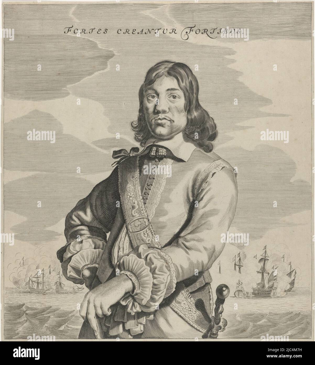 Portrait du capitaine de flotte Cornelis Tromp. En arrière-plan une ...