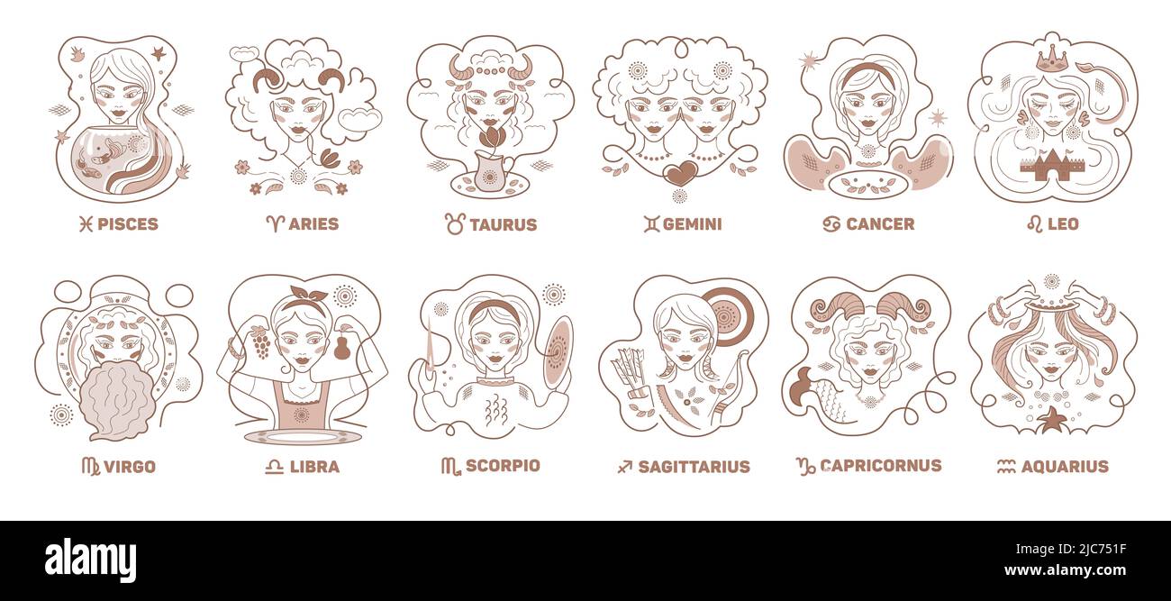 Ensemble vectoriel de signes de femmes zodiac, ménage, constellations ...