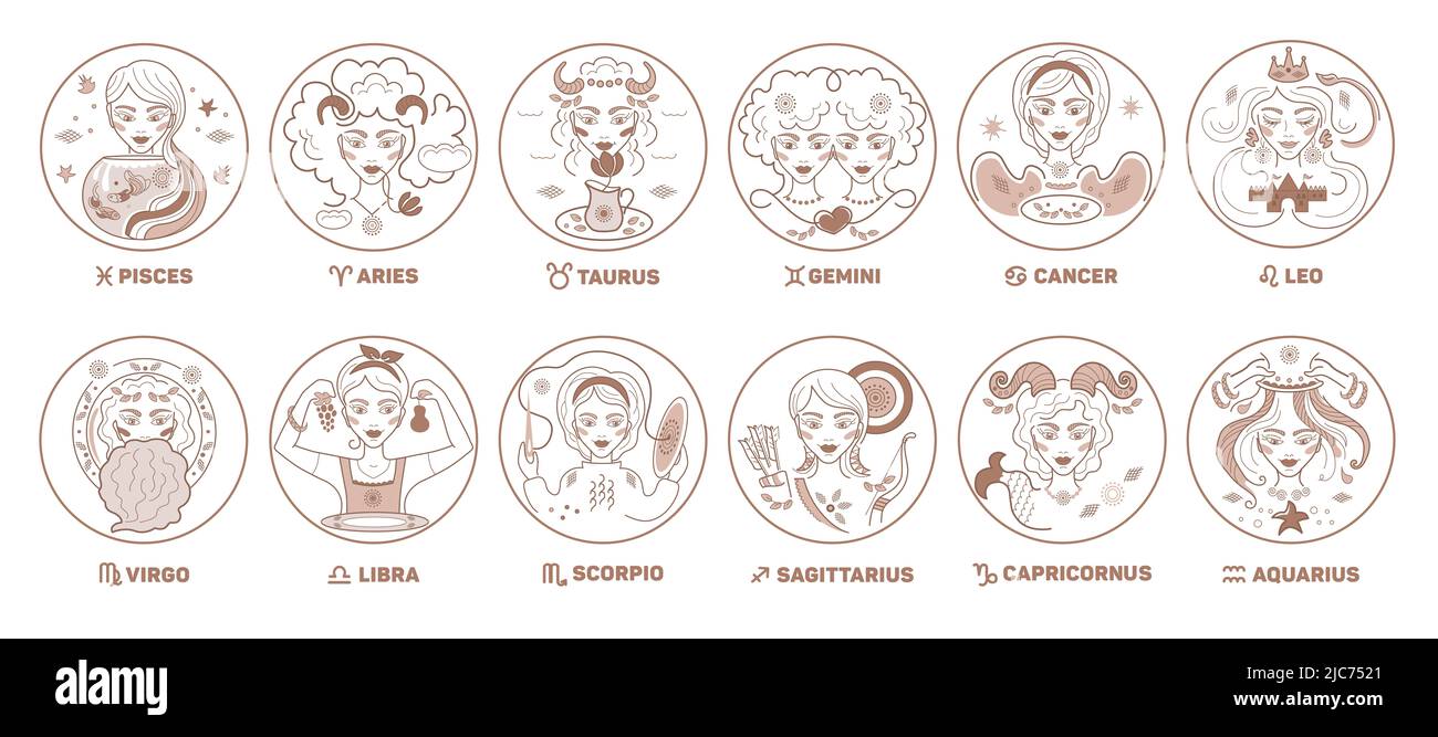 Ensemble vectoriel de signes de femmes zodiac, ménage, constellations ...