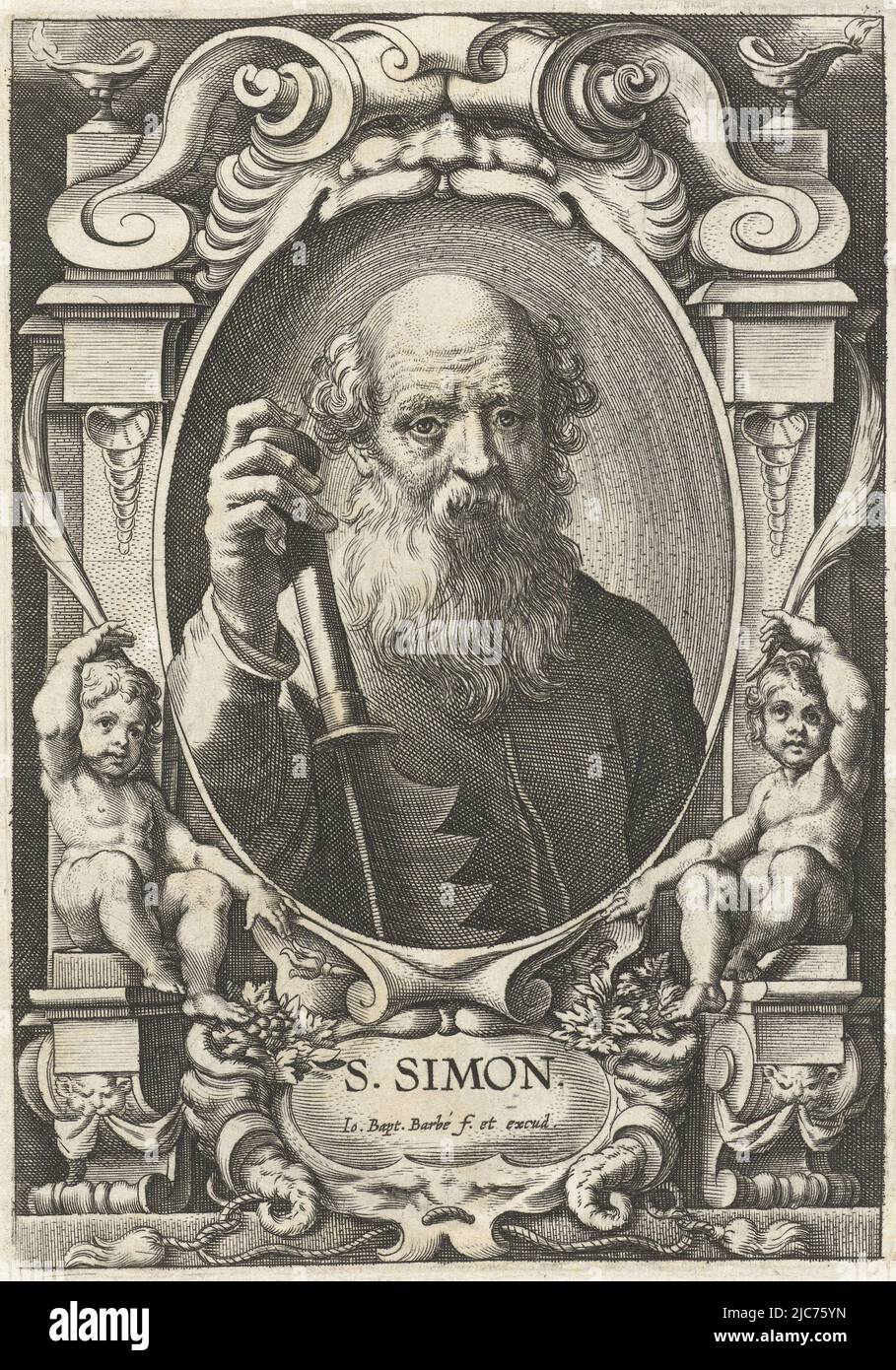 L'apôtre Simon Zelotes avec une scie dans le cadre avec des ornements ...