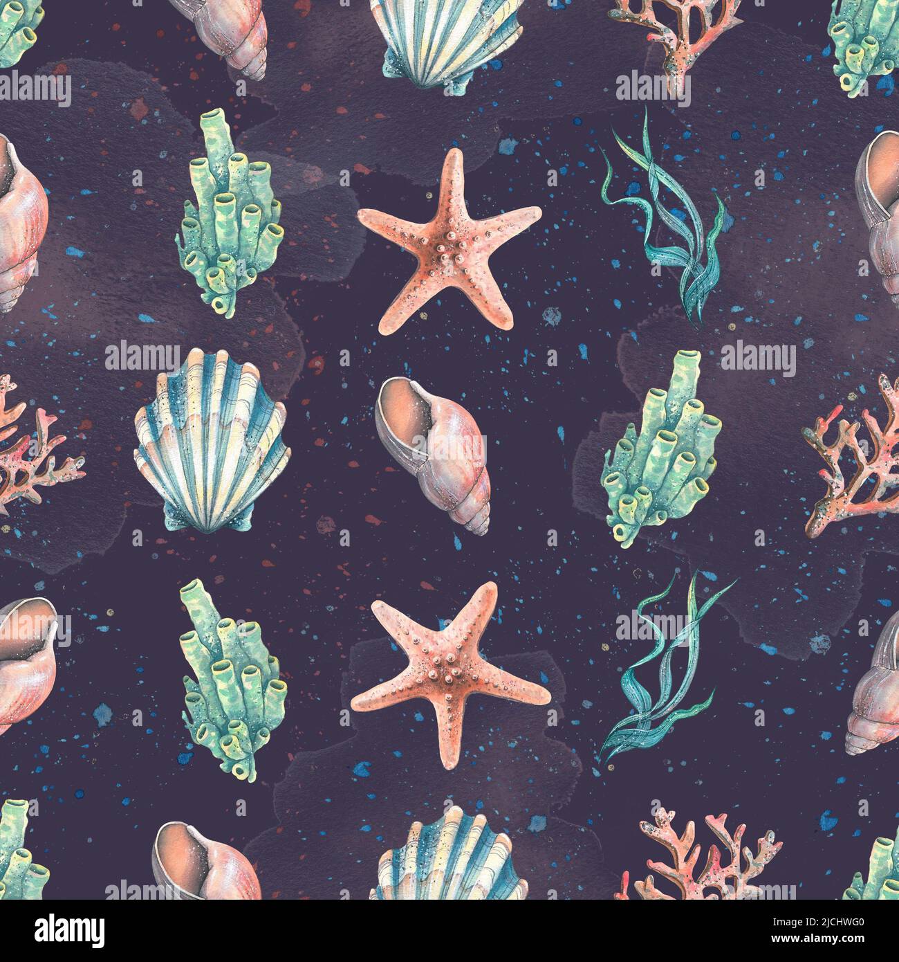 Aquarelle illustration motif étoiles de mer, coquillages, coraux ...