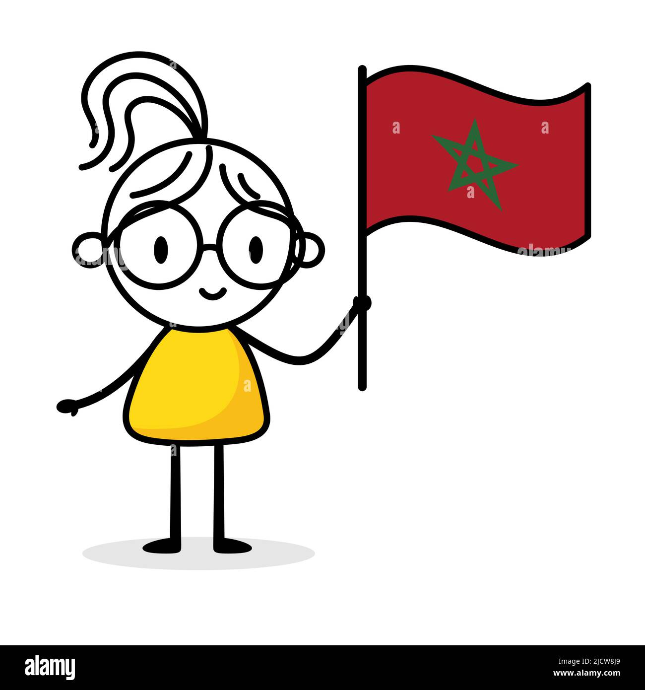 Femme portant le drapeau du Maroc isolée sur fond blanc. Dessin main ...