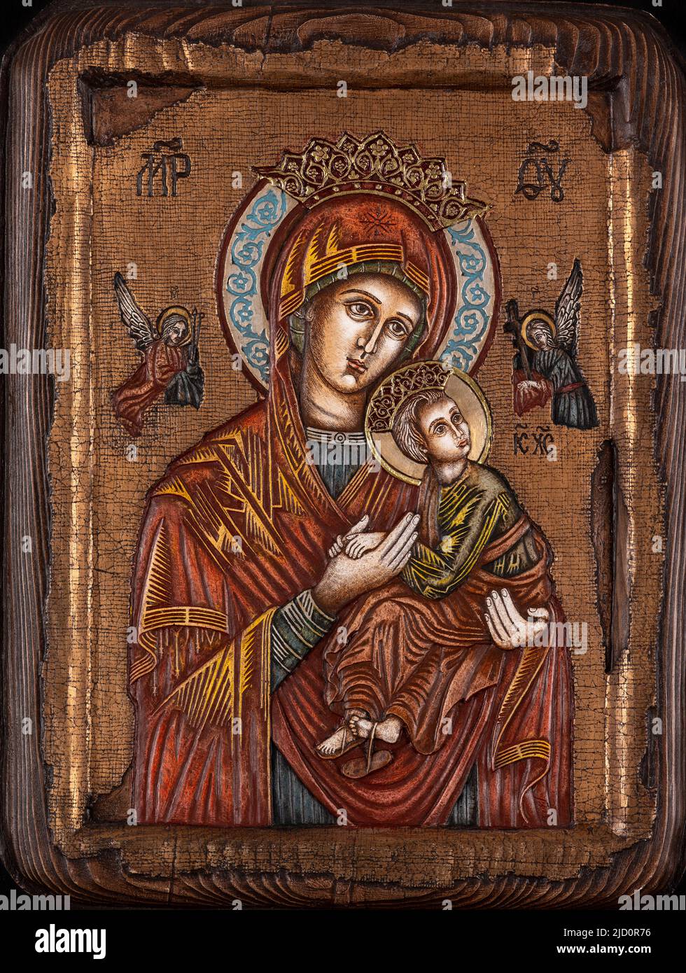 Icône peinte dans le style byzantin ou orthodoxe représentant la Vierge ...