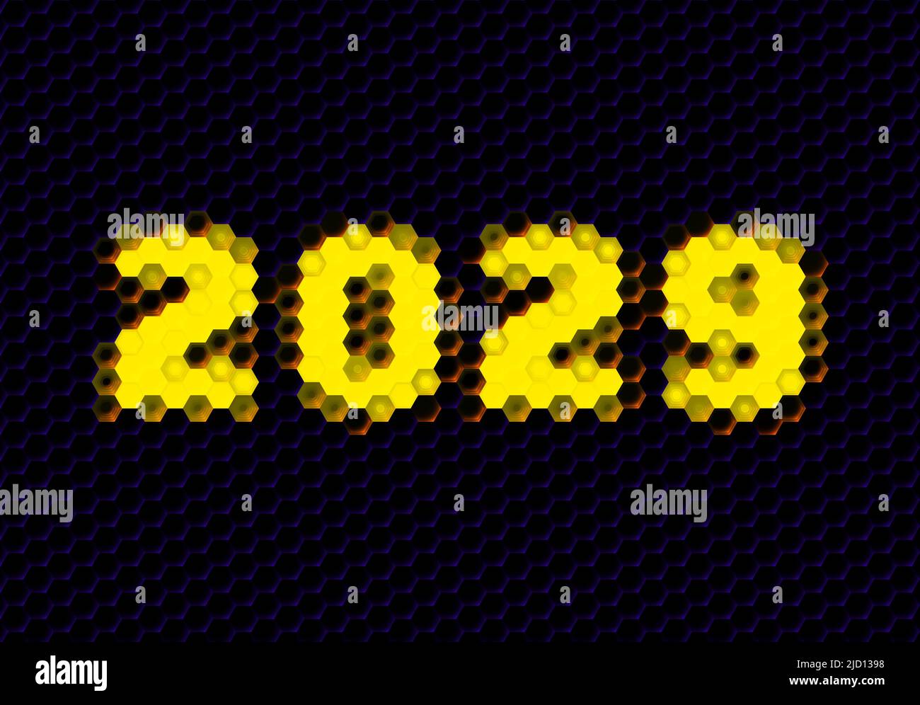Signe de l'année 2029 avec la grille de pixels hex. Numéro du nouvel an ...