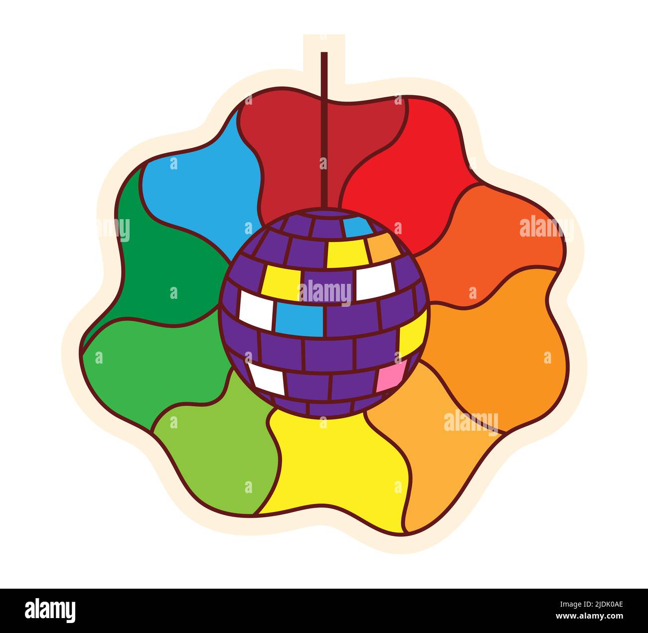 Une boule disco dont un arc-en-ciel brille. Autocollant rétro psychédélique de style dessin ...