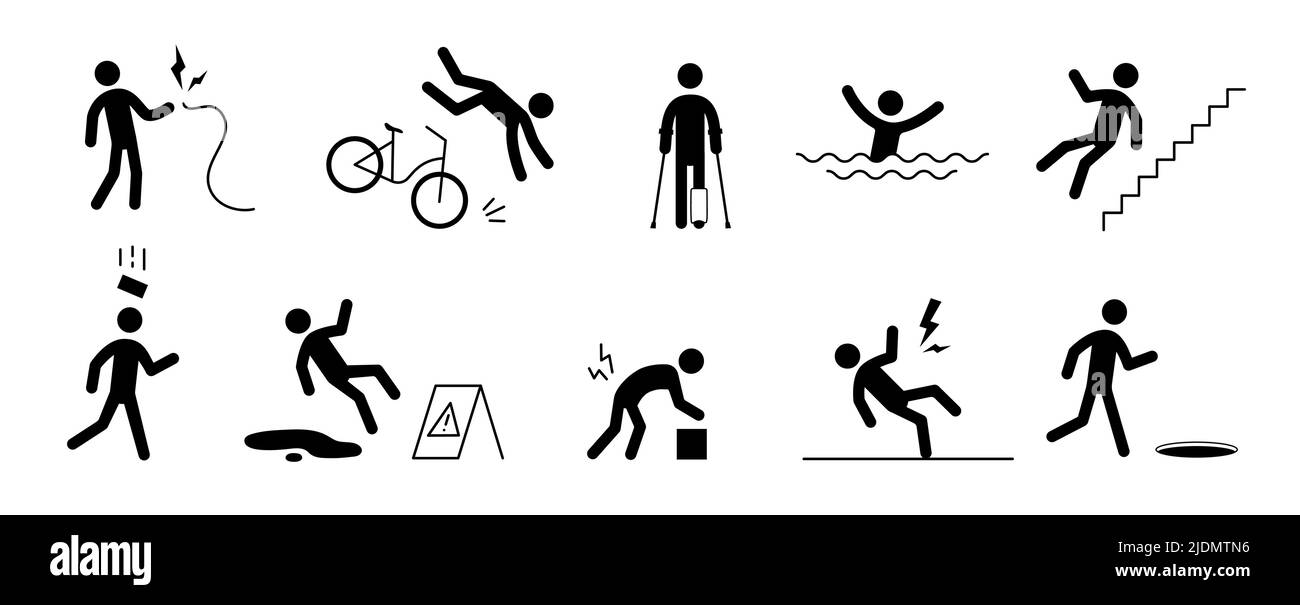 Pictogramme d'accident icône homme. Chute de glissade, accès vélo, jeu ...