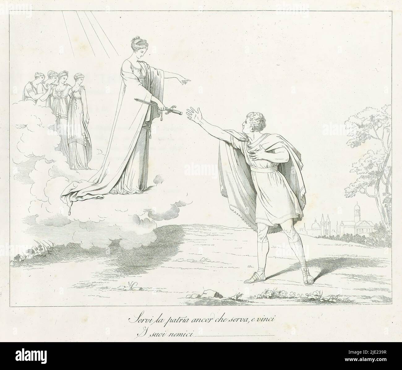 Une déesse donne à Napoléon une épée, Servi la patria ancer che serva ...