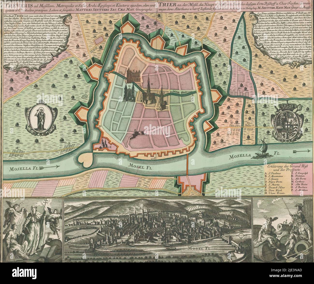 Plan et vue sur Trèves, Treveris ad Mosellam, Métropole et sedes archi ...