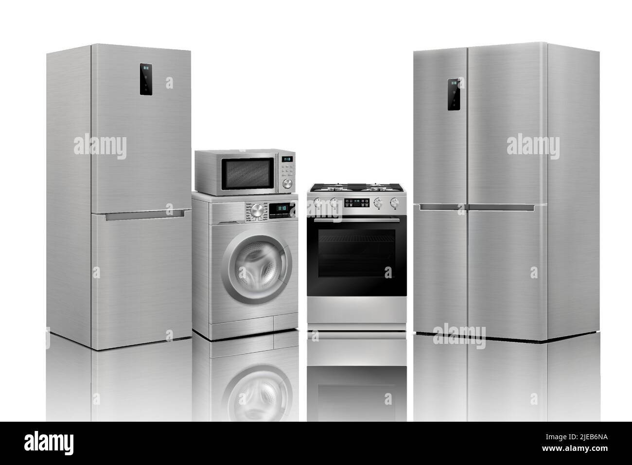 Un ensemble d'appareils ménagers: four à micro-ondes, machine à laver ...