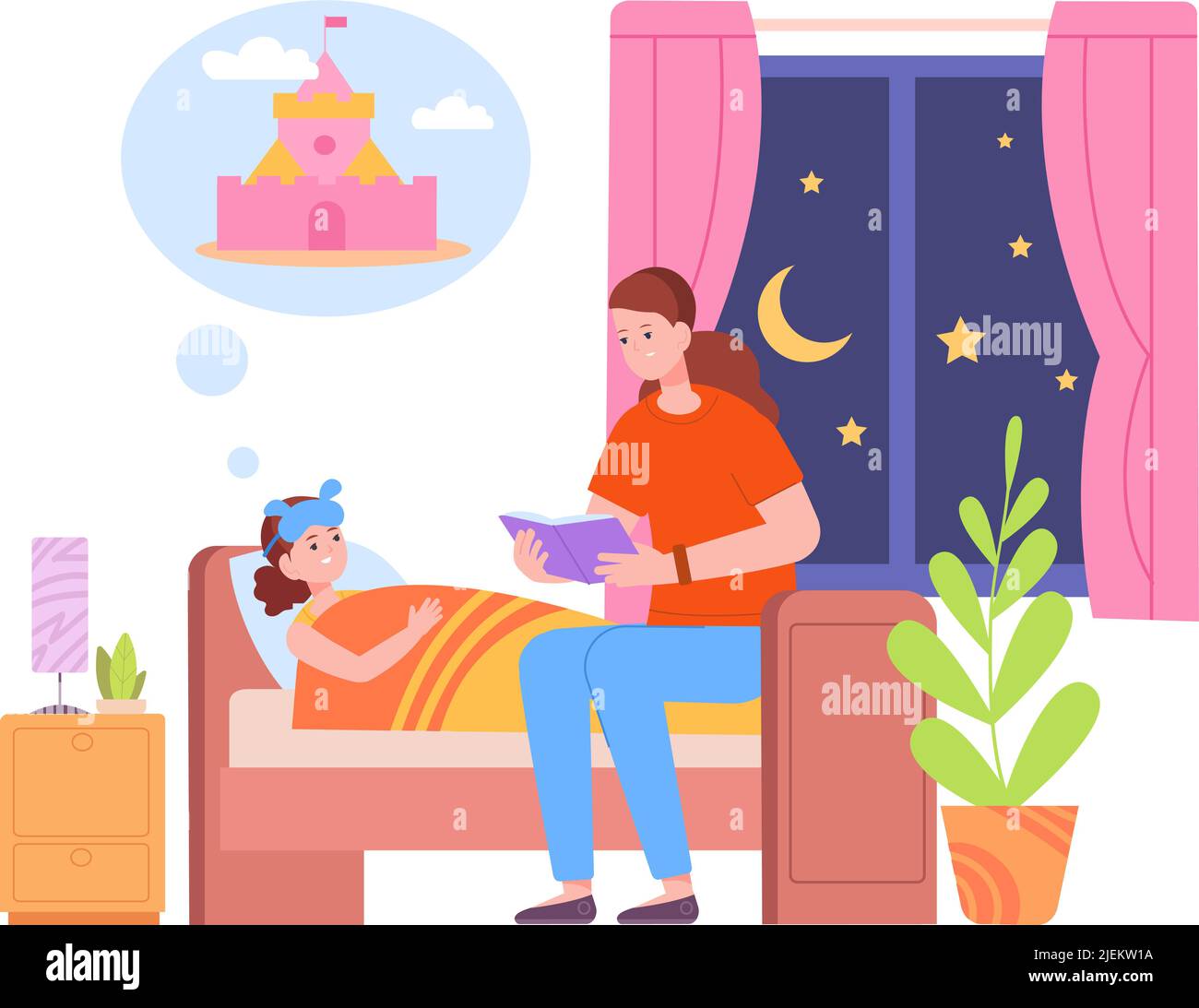 Mère lit heure de coucher lecture. Maman sur le lit raconte l'histoire ...