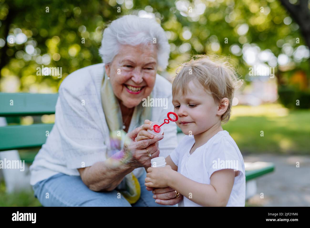 Grande grand-mère assise sur banc avec sa petite-fille et bulles de ... Grande grand-mère assise sur banc avec sa petite-fille et bulles de ...