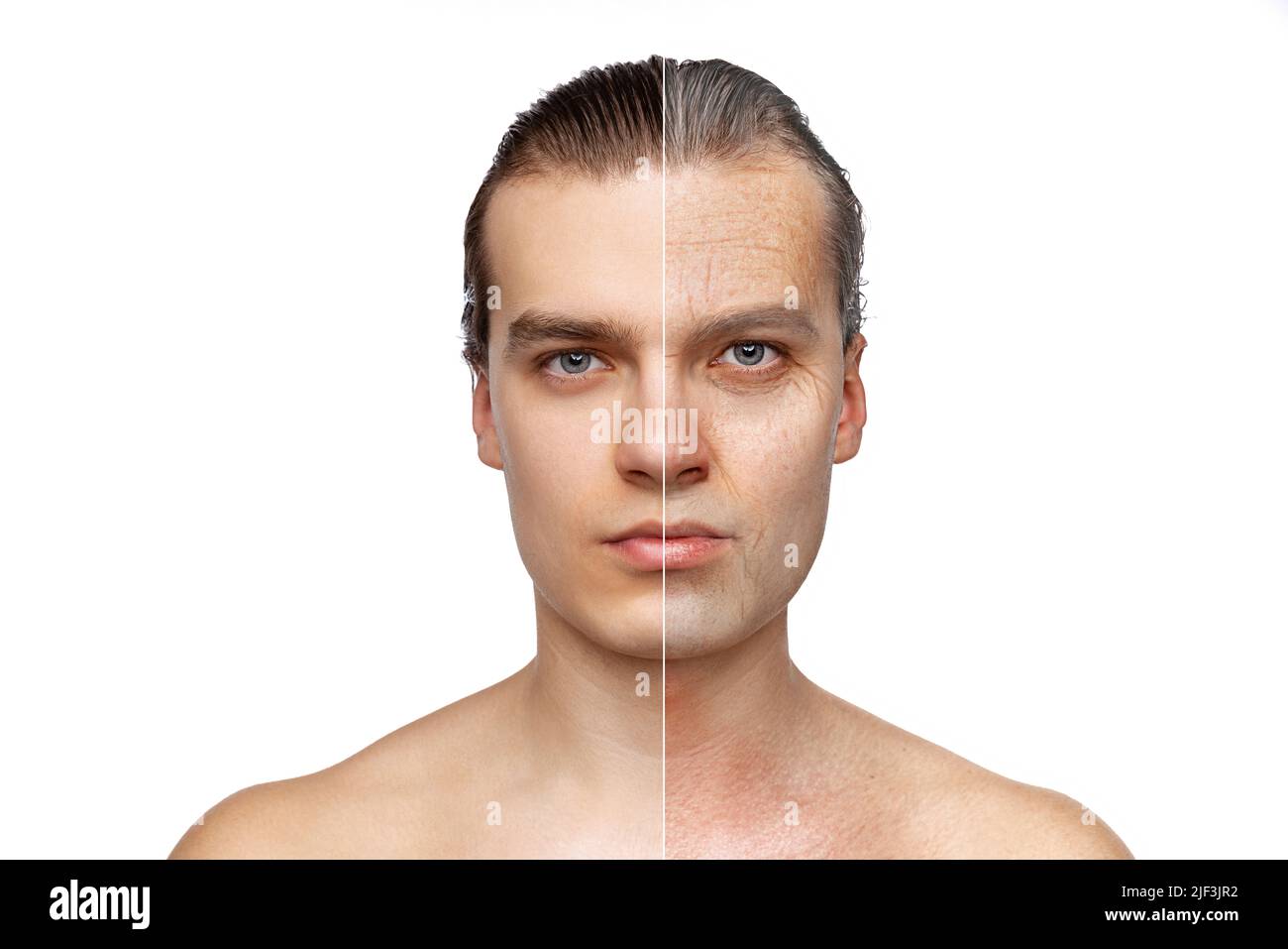 Portrait de l'homme en comparaison, jeunes et maturité, vieillesse. Processus de vieillissement ...