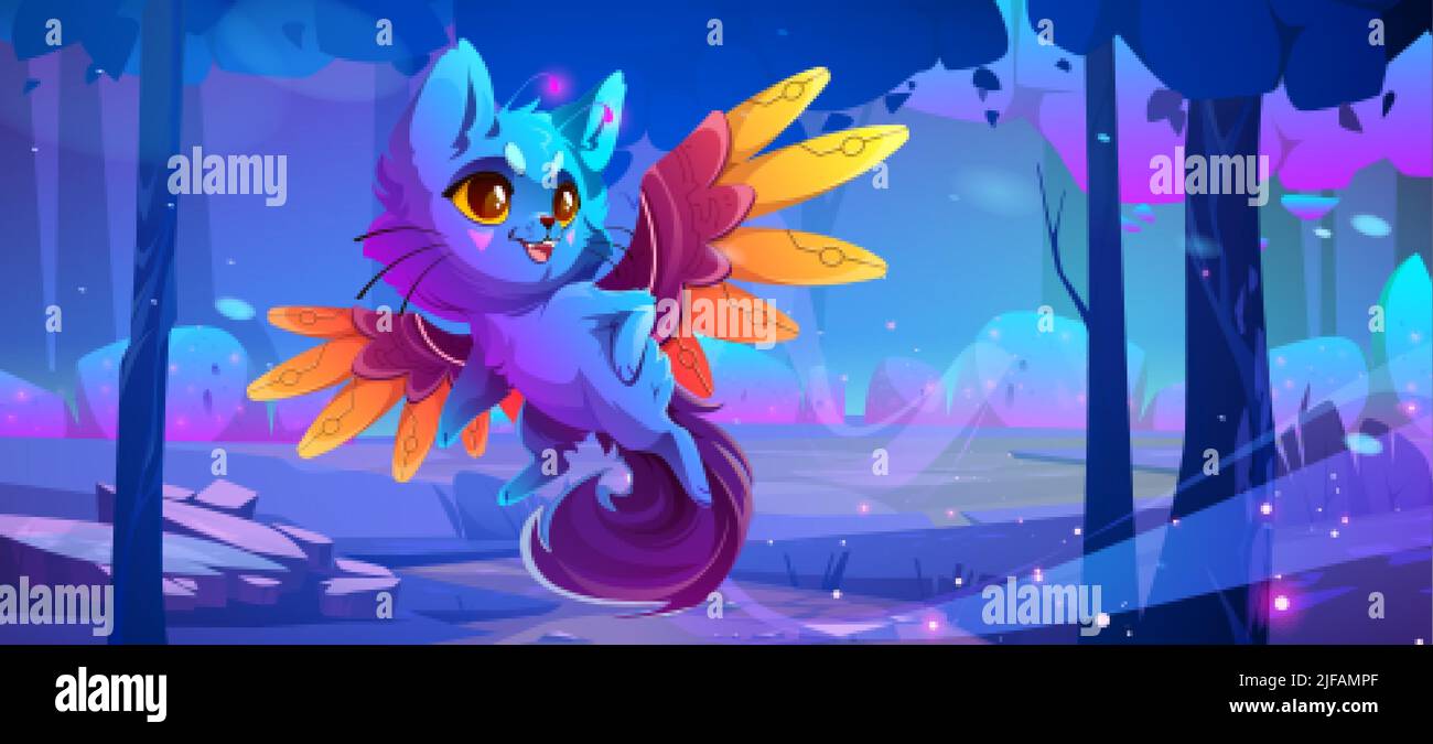 Chat monstre mignon sur forêt magique ou paysage de planète fantaisie ...