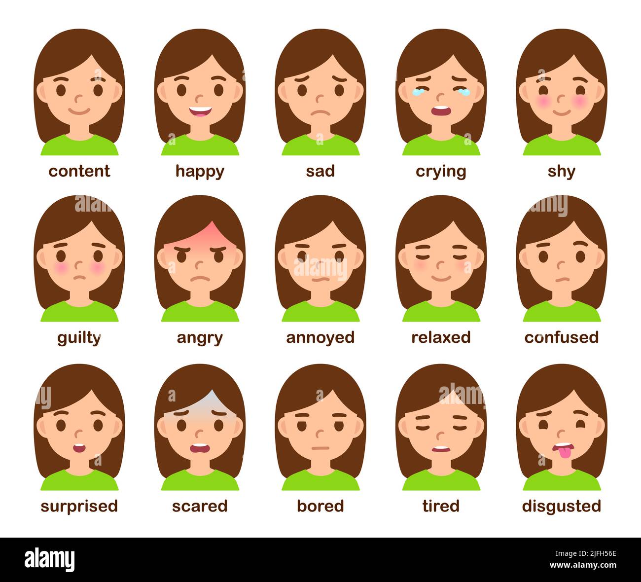 Dessin animé visage de fille avec des émotions différentes. Expressions ... Dessin animé visage de fille avec des émotions différentes. Expressions ...