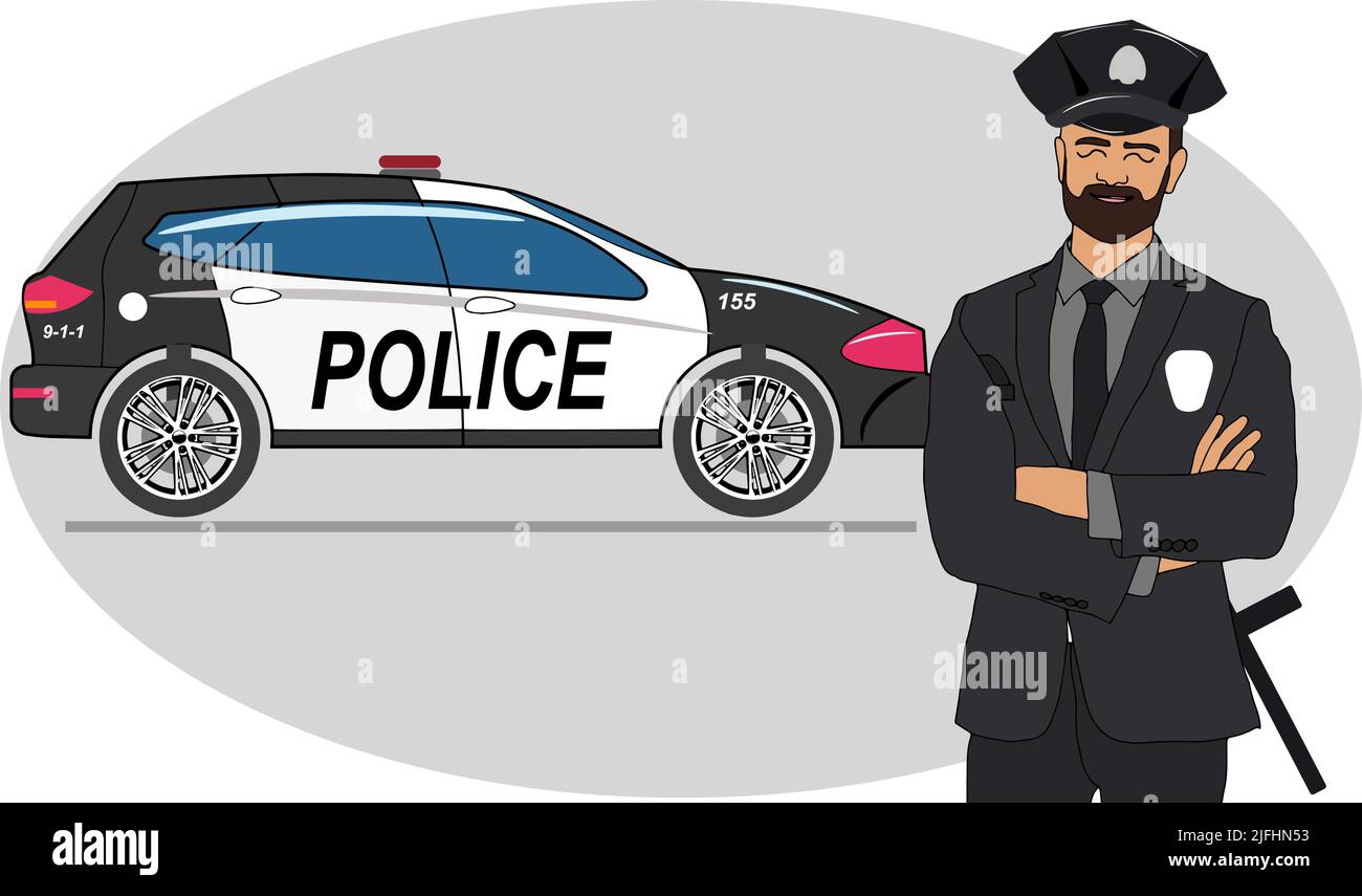 Ensemble de policiers. Policier dans différentes poses et voiture de ...