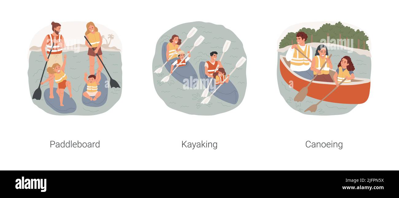 Activités sur le lac isolé dessin animé scénario ensemble. Paddleboard ...