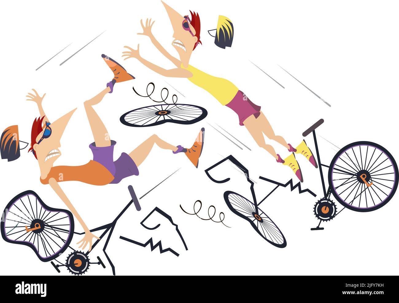 Accident de la route, illustration de deux cyclistes et de vélos cassés ...