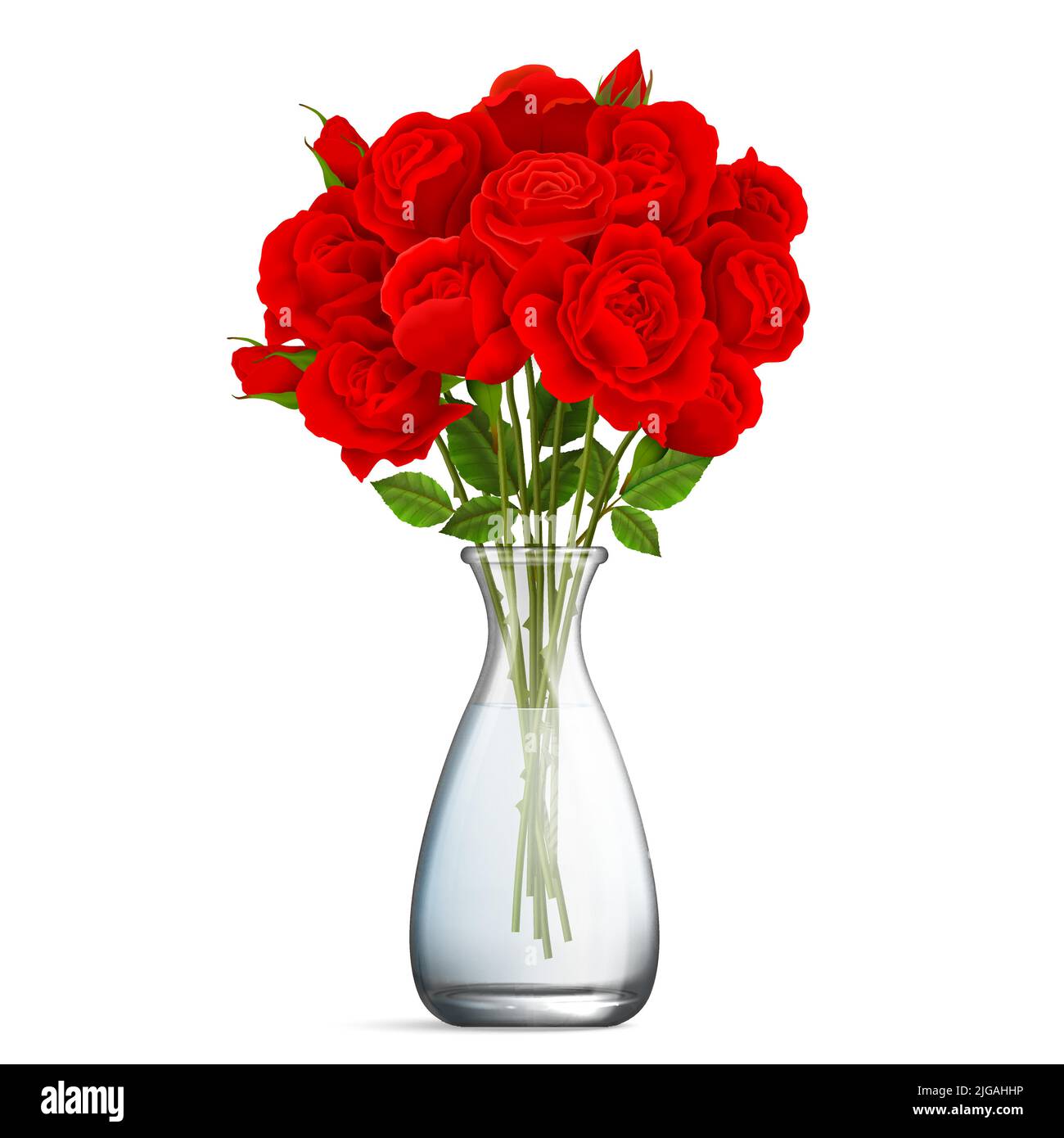 Vase en verre réaliste avec bouquet de rose rouge sur fond blanc ...