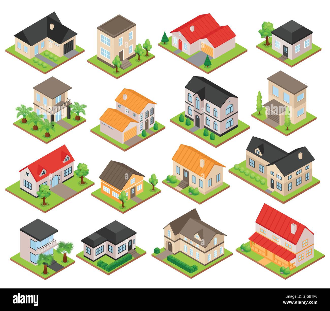Ensemble isométrique de 3D une et deux maisons privées avec des toits ...