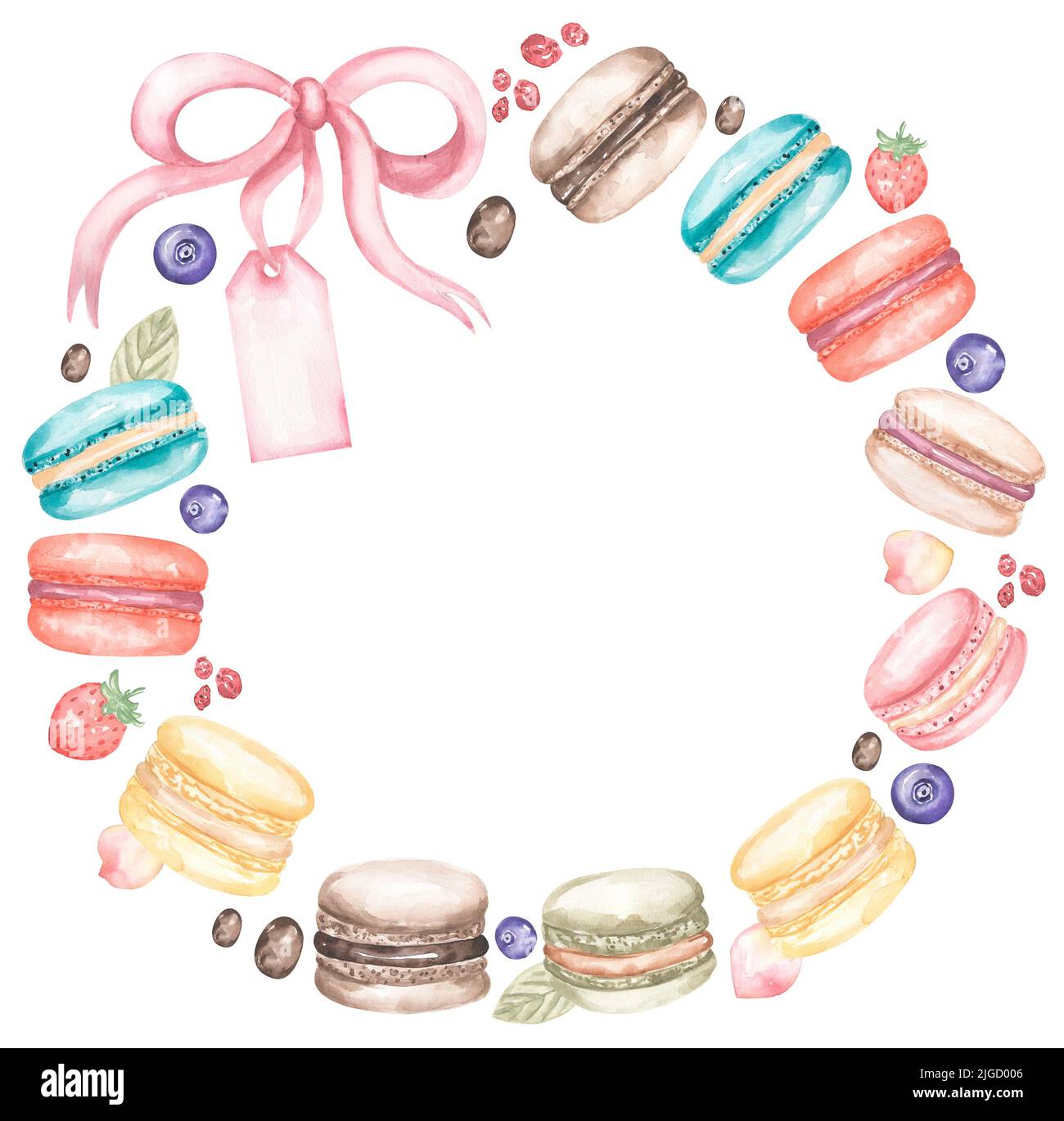 Aquarelle macaron biscuits illustration couronne, cadre de boulangerie ...