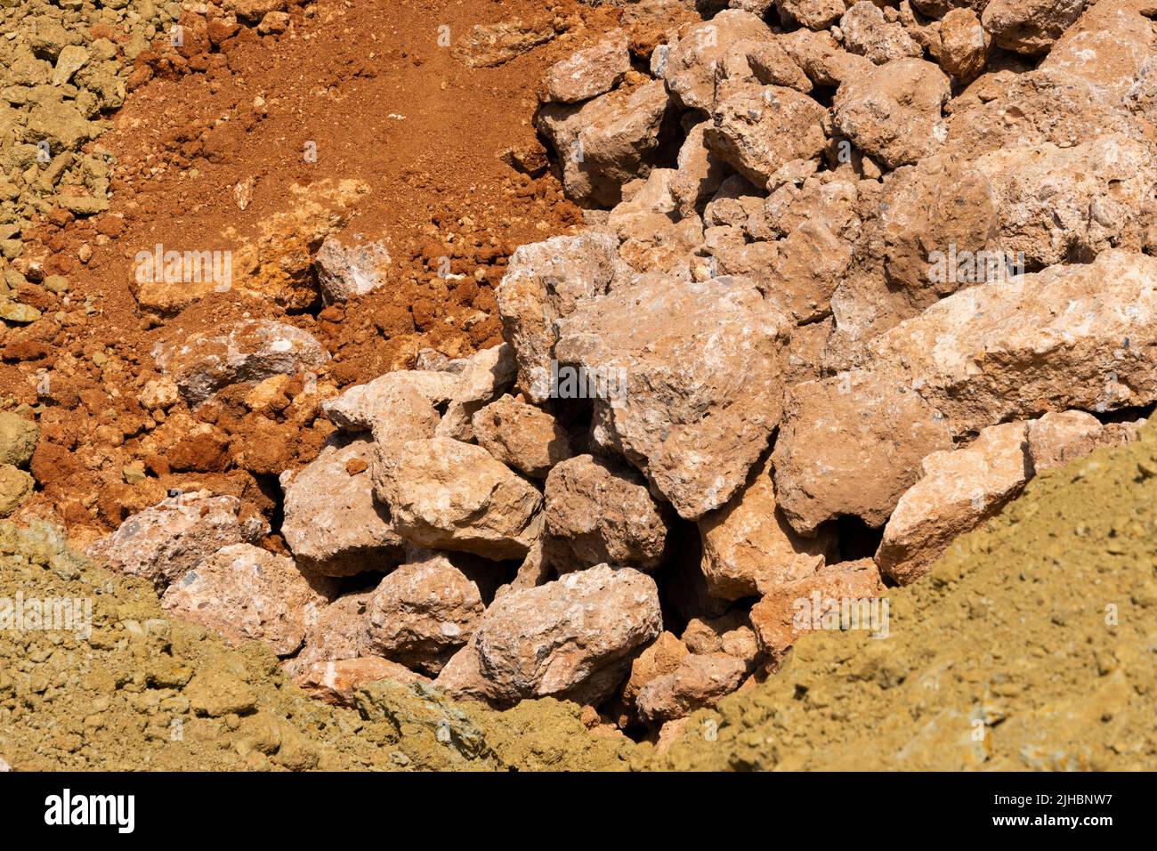 Travaux publics d'excavation. Accumulation de terre très sèche avec des couleurs terreuses ...