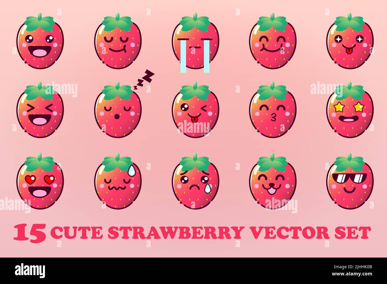 Joli dessin animé fraise avec visages kawaii et ensemble de style chibi ...