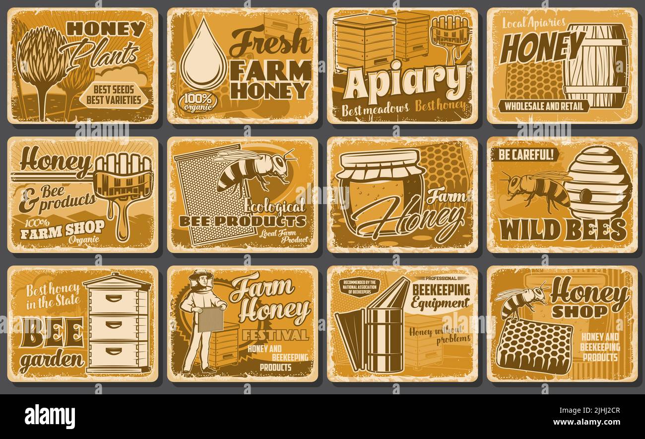 Apiculture au miel, ruches et nid d'abeille, affiches rétro ...