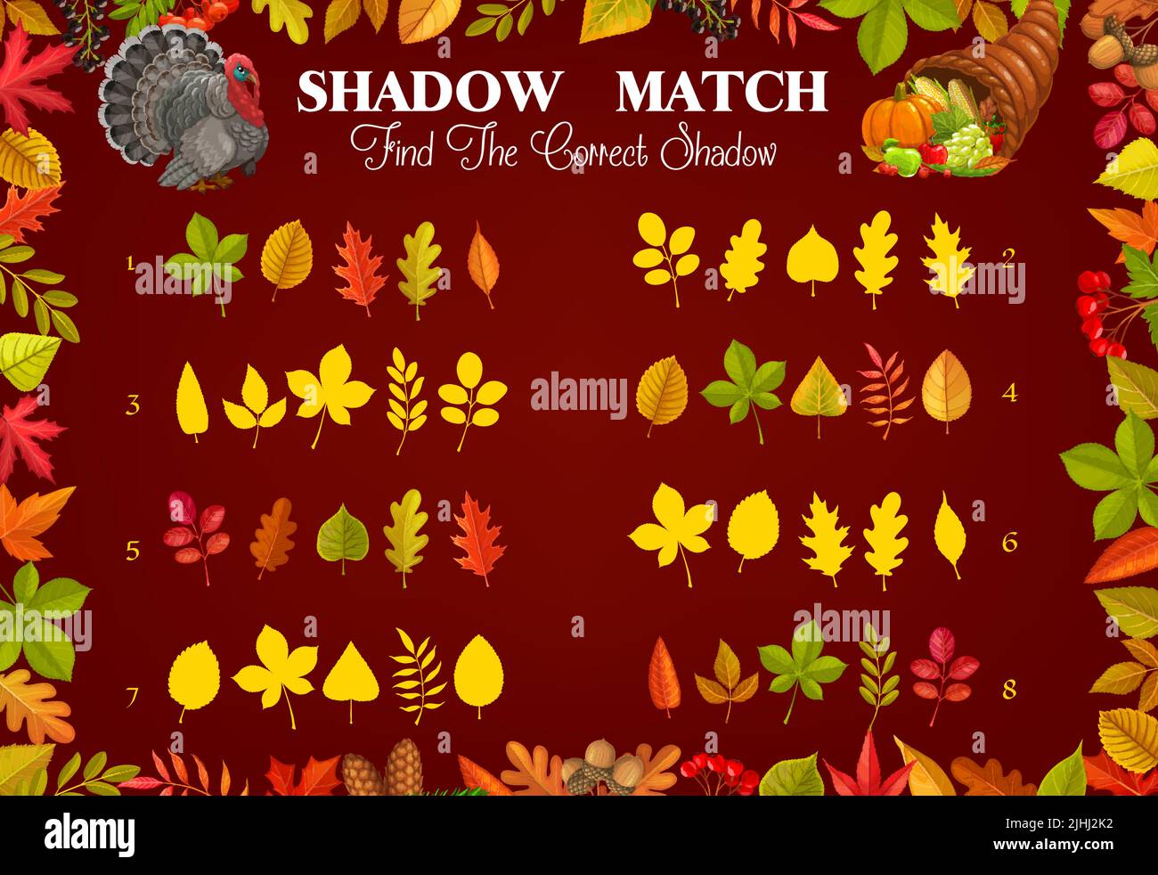 Feuille de travail du jeu Shadow Match. Feuilles d'automne, chute des ...