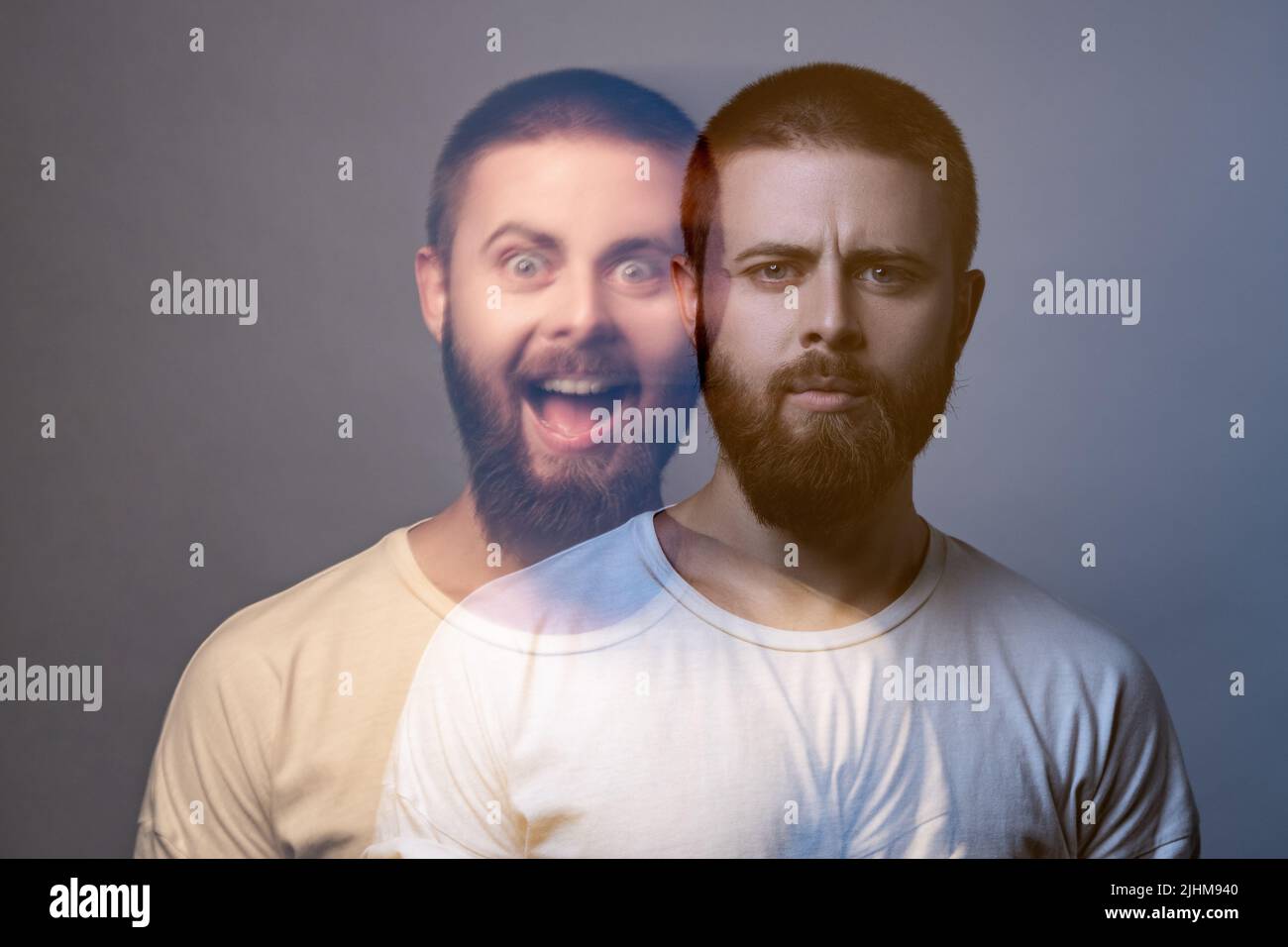 Portrait de l'homme à deux faces dans le calme sérieux et fou drôle ...