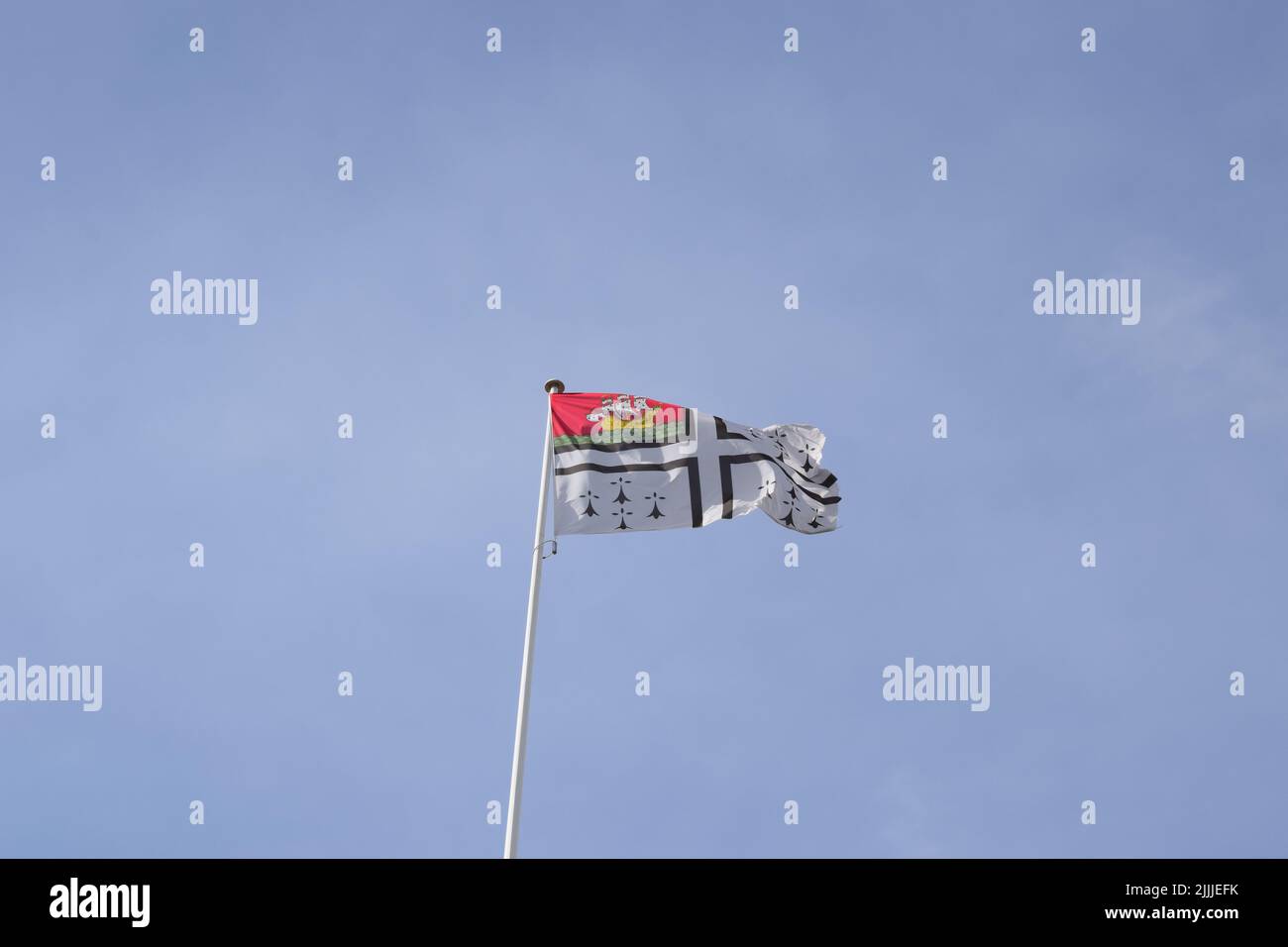 Photo en bas angle du drapeau de la ville de Nantes sur un mât blanc ...