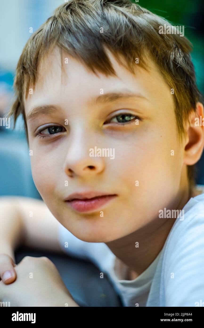 Enfant aux cheveux bruns et aux yeux bleus Banque de photographies et d ...