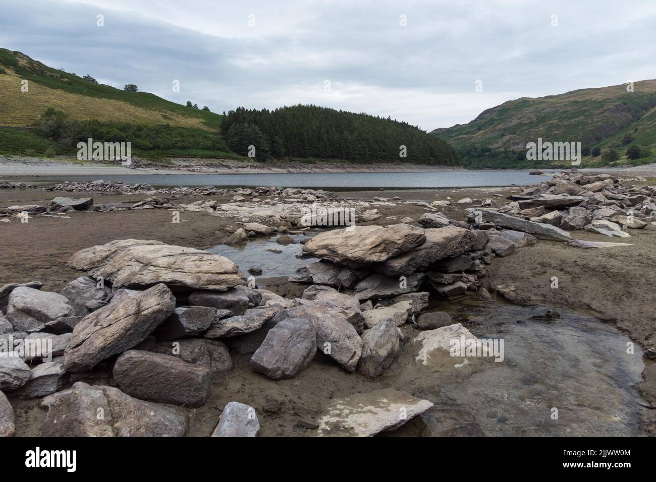 Haweswater, Cumbria, Angleterre, 28 juillet 2022. Les ruines de Mardale ...