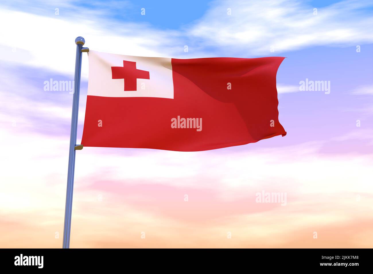 Drapeau des Tonga avec mât de drapeau chromé dans le ciel bleu agitant ...