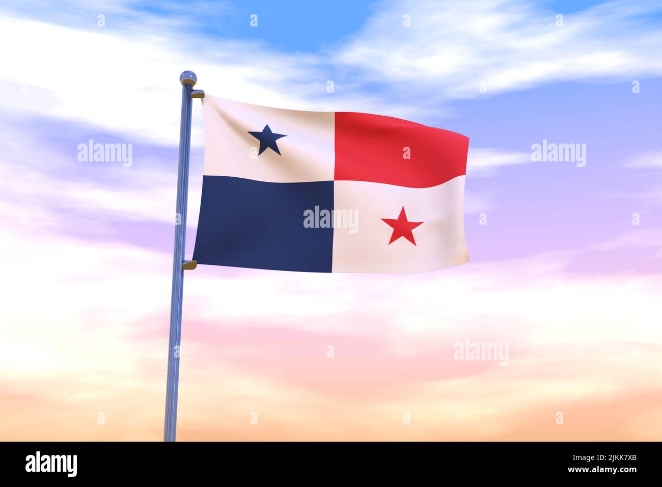Drapeau de Panama avec mât de drapeau chromé dans le ciel bleu agitant ...