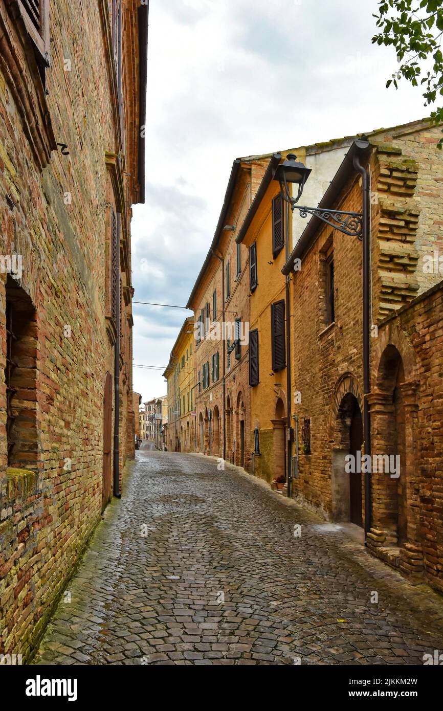 A vertical shot of narrow street between the old houses of Montecosaro, a medieval town in the ...