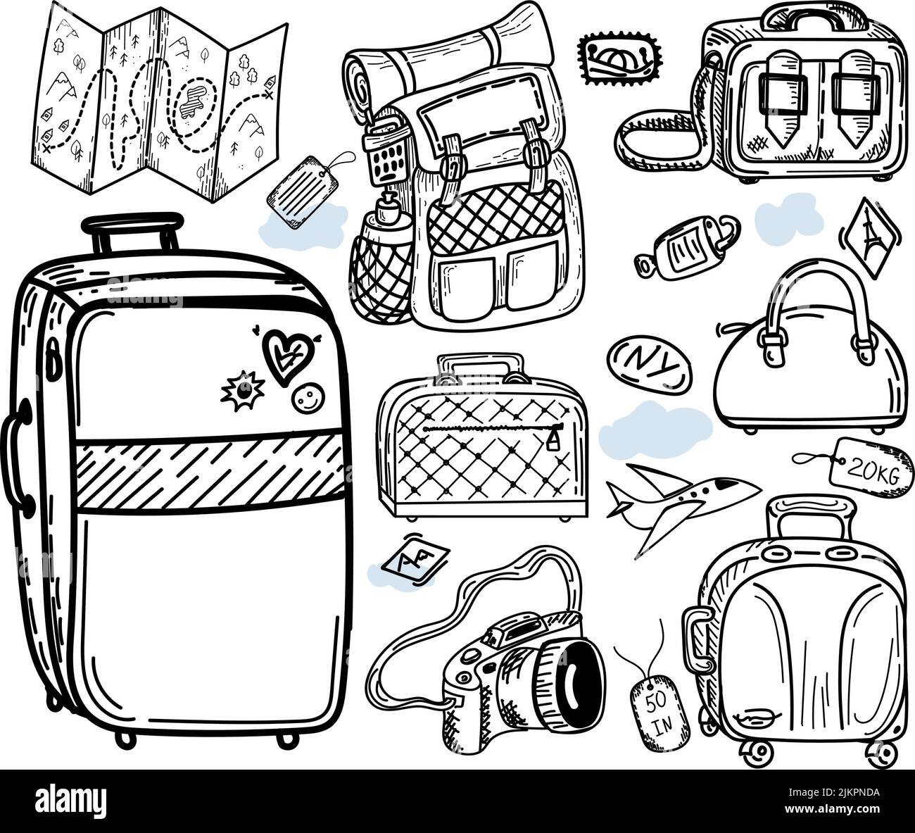 Ensemble de différents types de bagages, dessinés à la main dans un ...
