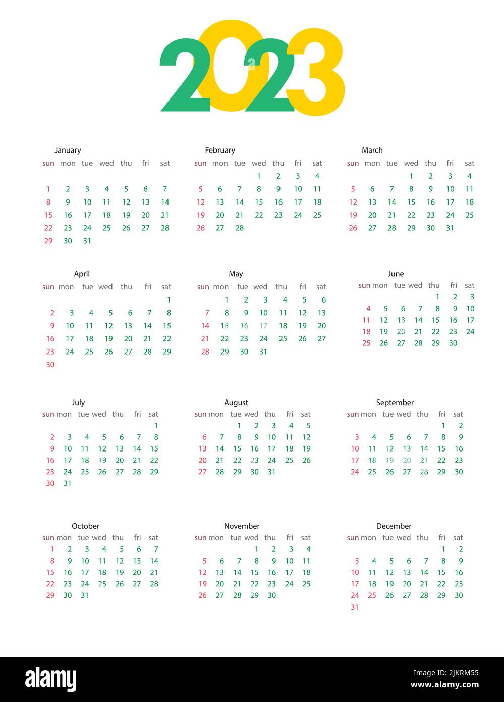 Modèle de calendrier annuel 2023. La semaine commence le dimanche ...