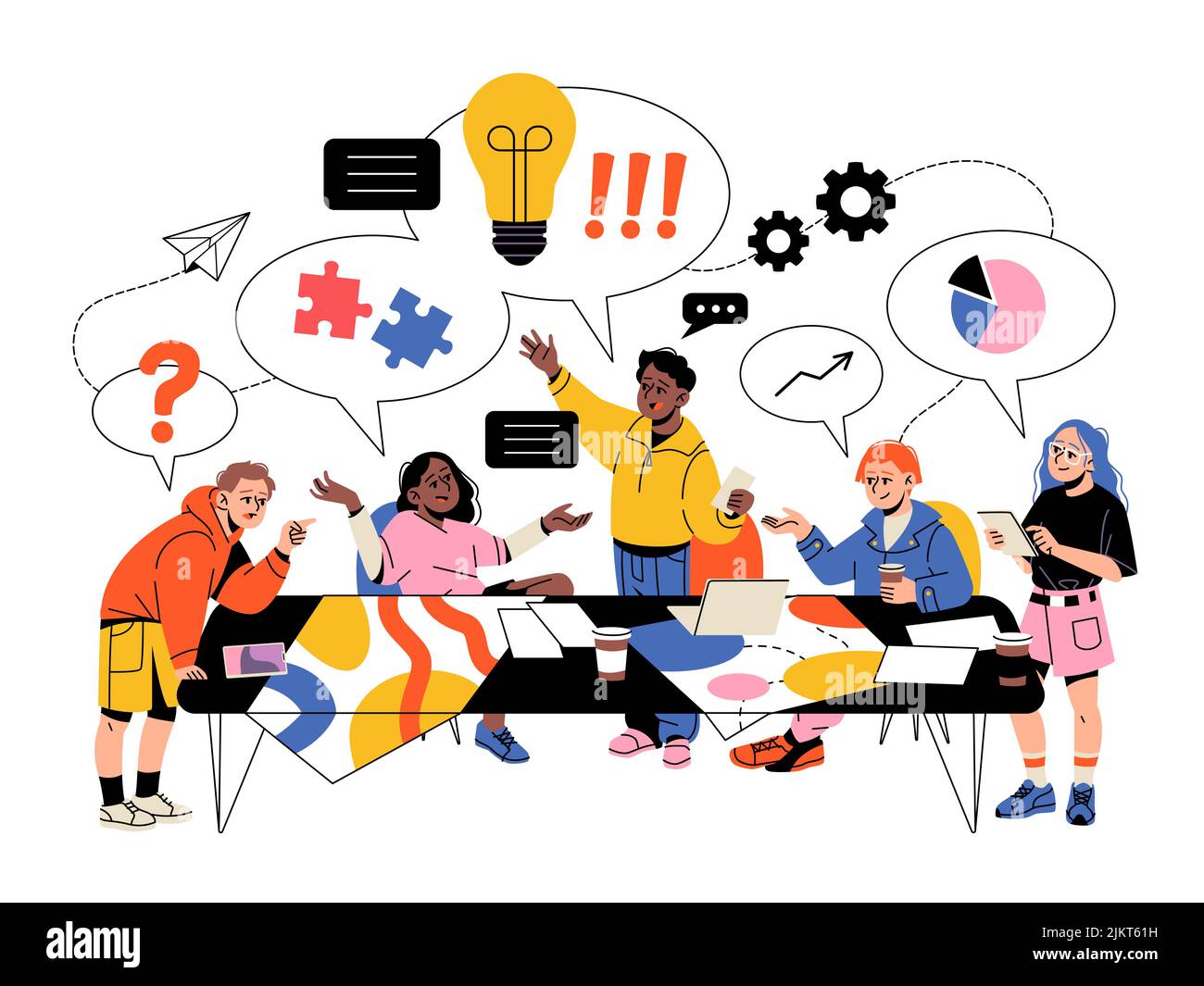 Processus de travail d'équipe. Groupe de jeunes créatifs, personnages ...