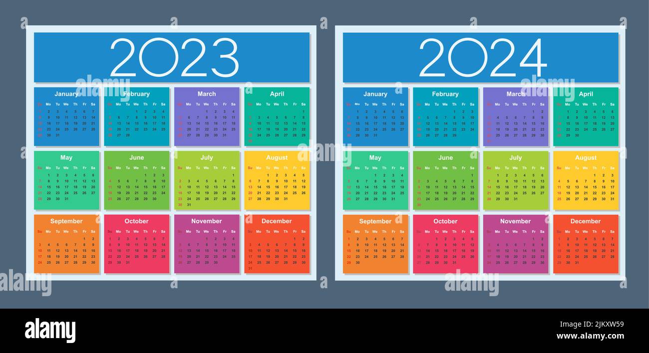 Calendrier coloré pour 2023 et 2024 ans. La semaine commence le ...