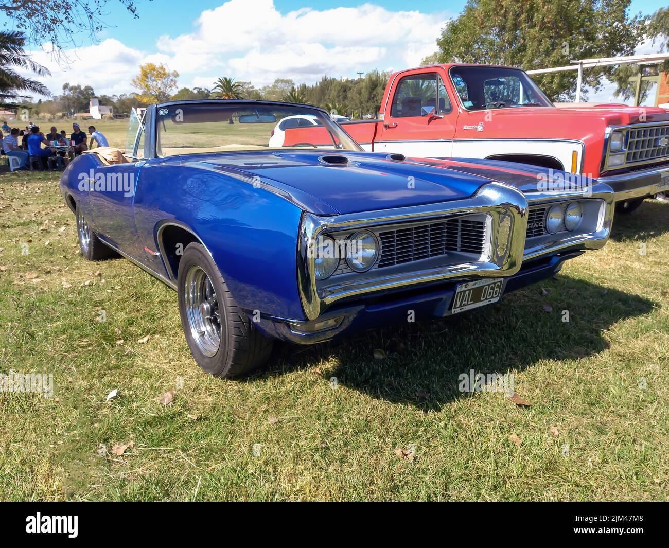 Vieux sport bleu Pontiac GTO décapotable 2 portes 1969 dans la campagne ...