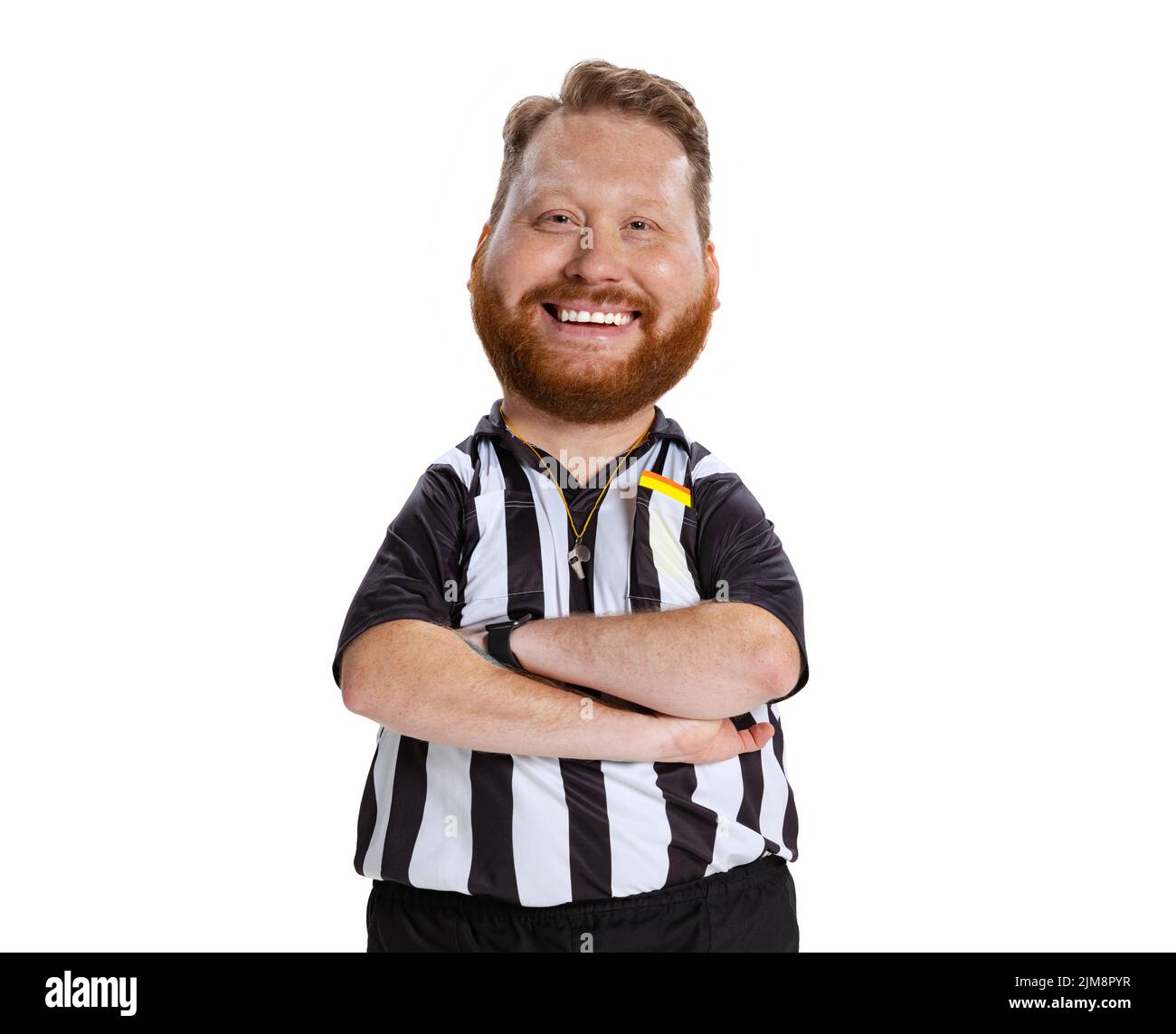 Bon arbitre. Homme drôle avec un visage caricatural isolé sur fond ...