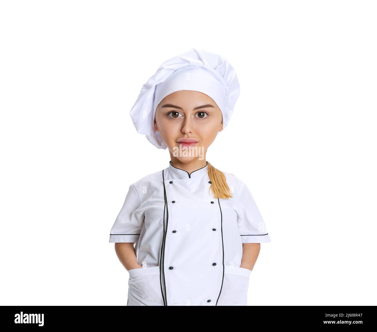 Chef cuisinier. Femme drôle avec un visage caricatural isolé sur fond ...