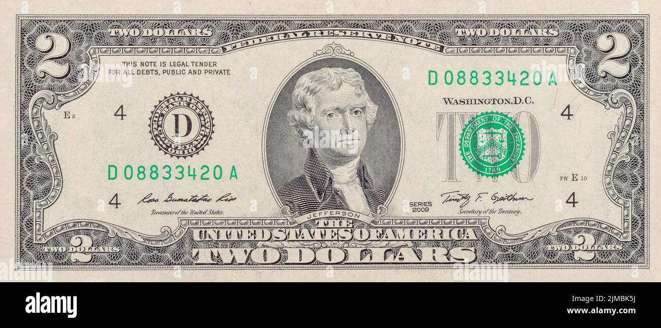 Grand fragment du côté opposé de 2 deux dollars facture série 2009 avec ...