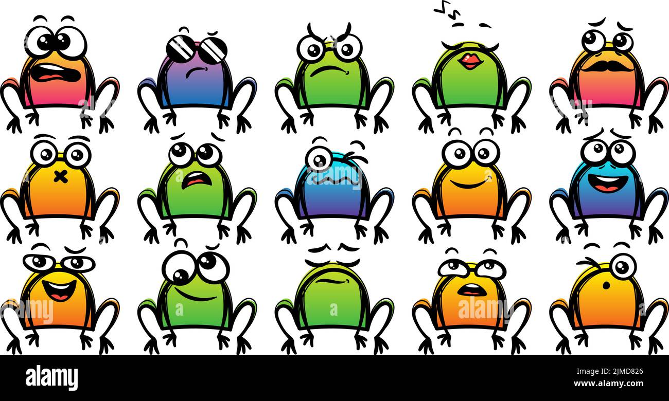 Divers ensemble de grenouilles à dessin animé. Doodle visages, yeux et ...